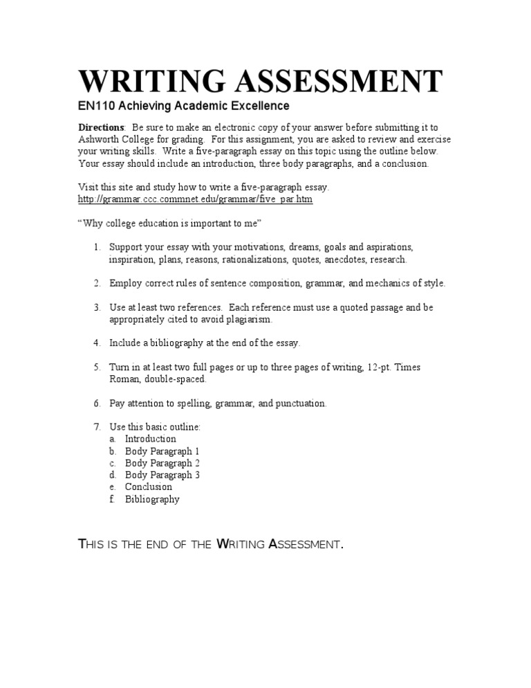 Writing Assessment: EN110 Achieving Academic Excellence | PDF