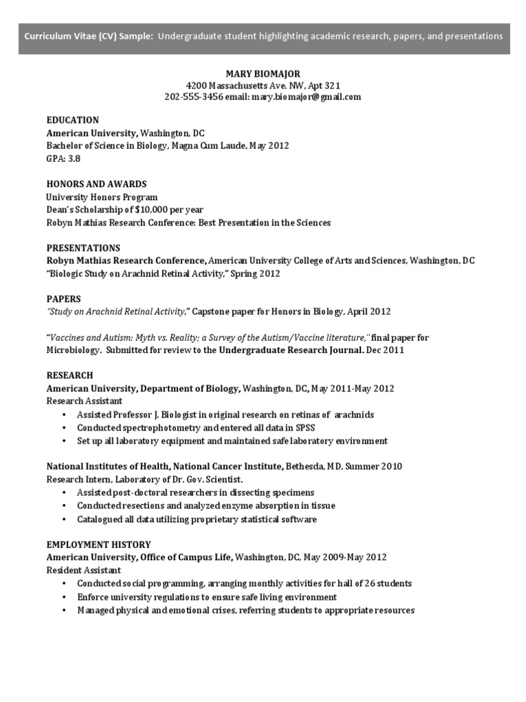 Curriculum Vitae Samples | PDF | American University | Graduate School