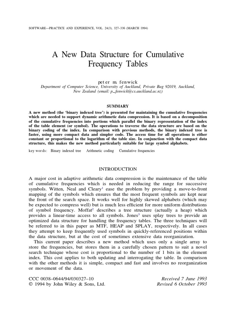 A New Data Structure For Cumulative Frequency Tables Peter M Fenwick