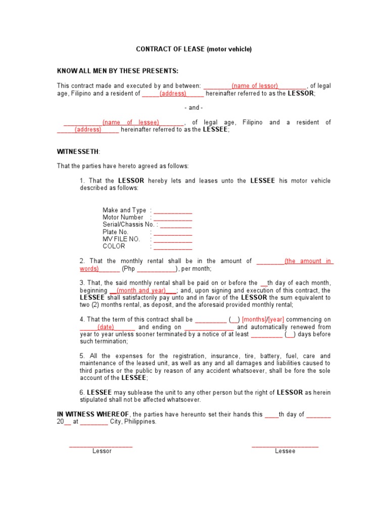 Motor Vehicle Lease Agreement Template | PDF