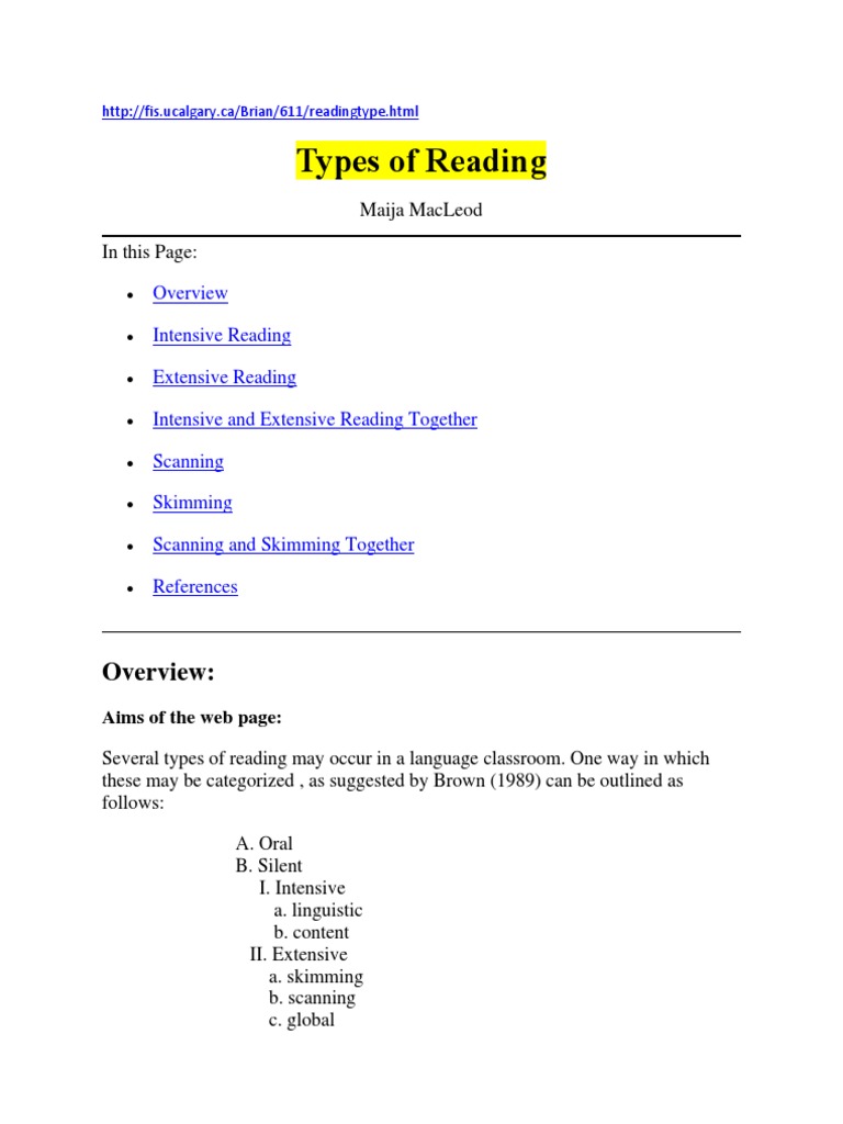 Types of Reading | PDF | Speed Reading | Reading (Process)