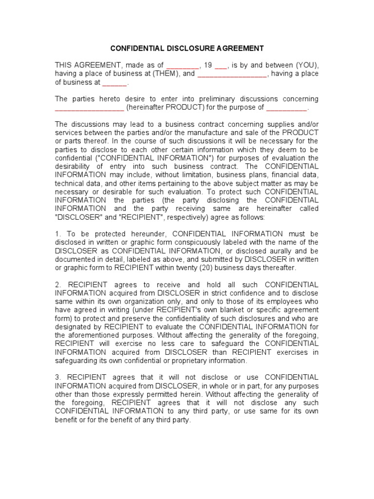 Confidential Disclosure Agreement - Simple | PDF | Confidentiality ...