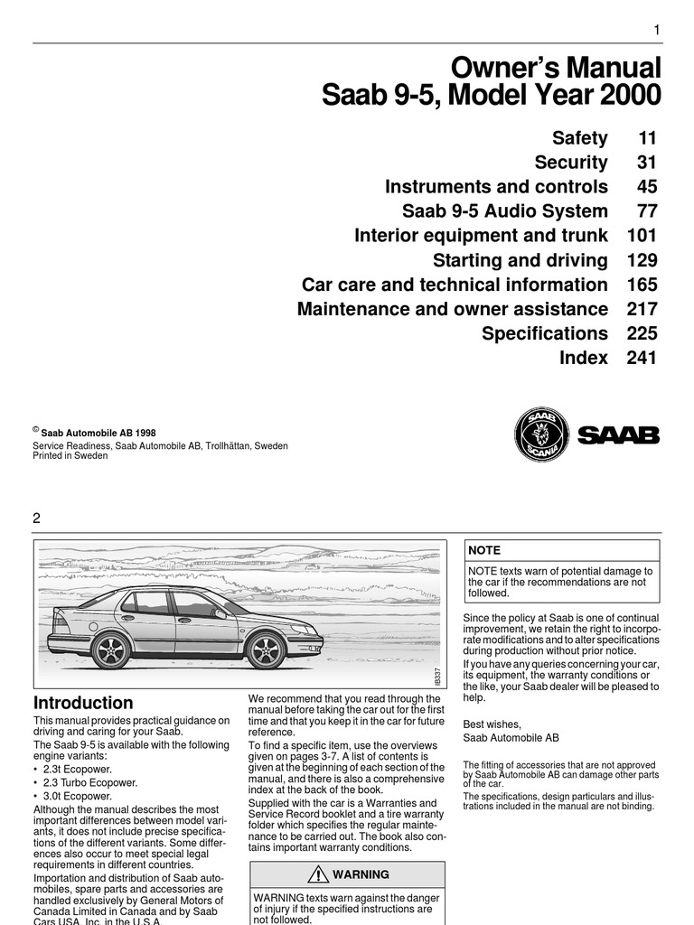 Saab 9-5 1998-2000 Model Year Manual | PDF | Airbag | Seat Belt