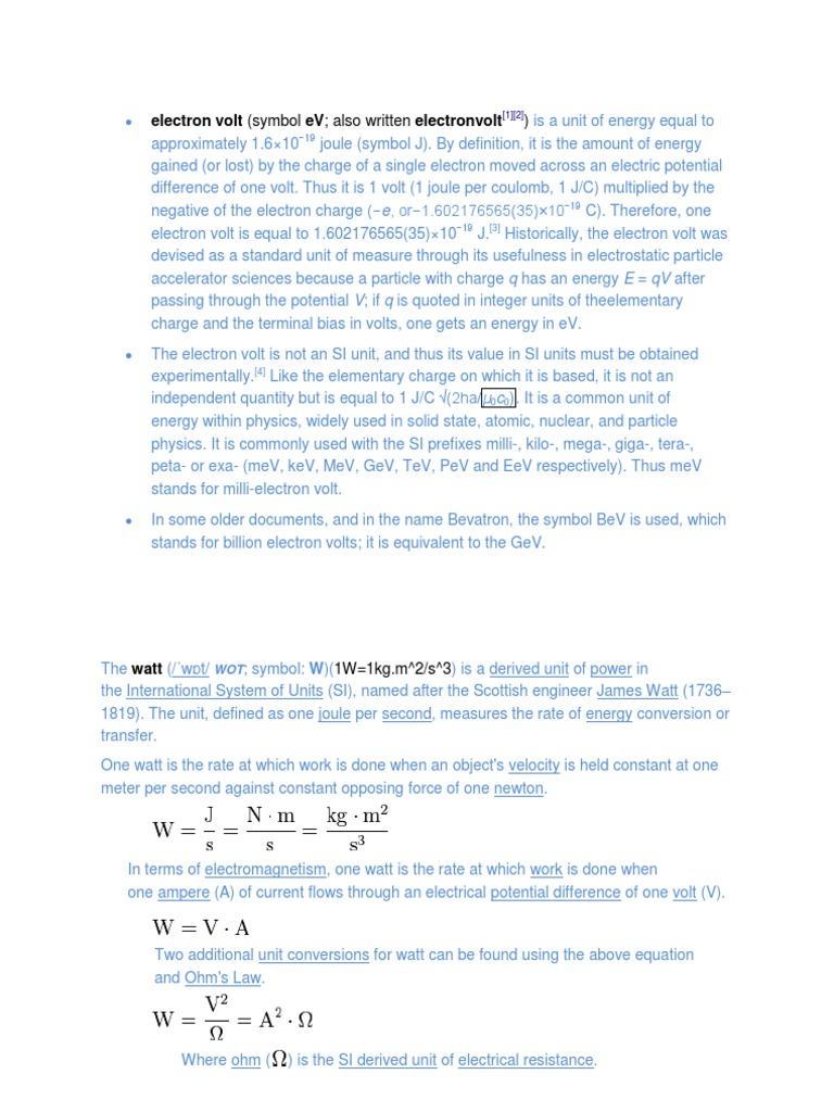 Electron Volt (Symbol Ev Also Written Electronvolt | PDF