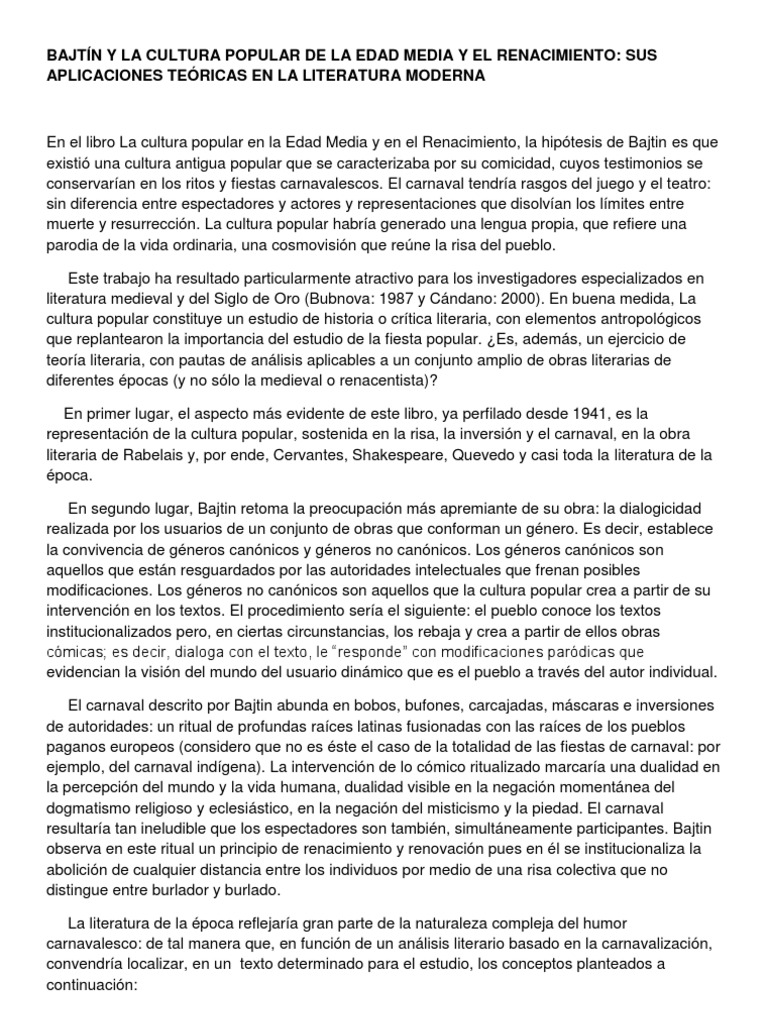 BAJTÍN Resumen | PDF | Carnaval | La risa