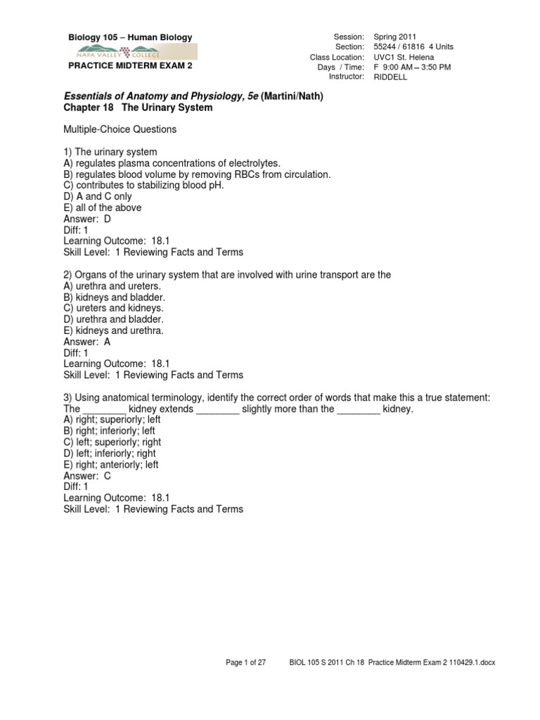 Urinary System Practice Midterm Exam | PDF | Kidney | Urinary System
