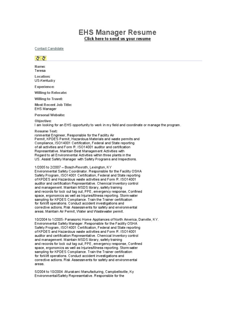Contoh Resume EHS Manager | PDF | Occupational Safety And Health ...