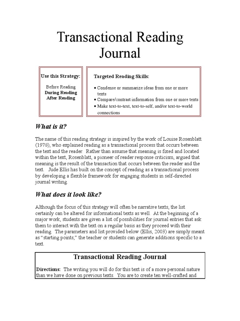 Transactional Reading Journal | PDF | Reading (Process) | Psychology