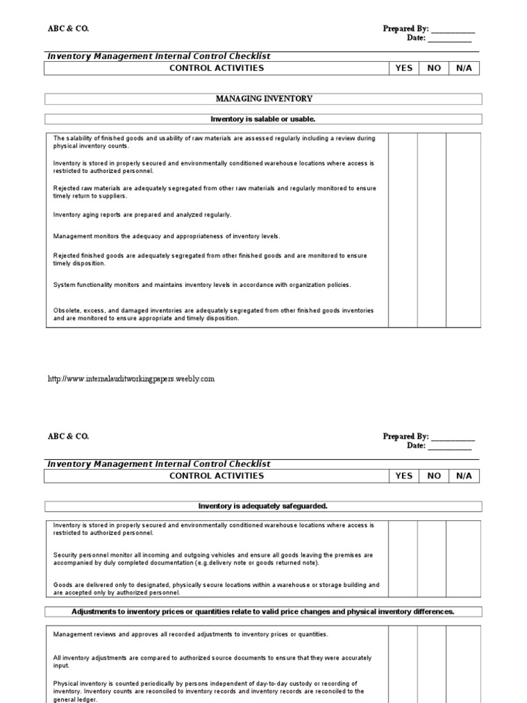 Inventory Management - Internal Control Checklist | PDF | Accounts ...