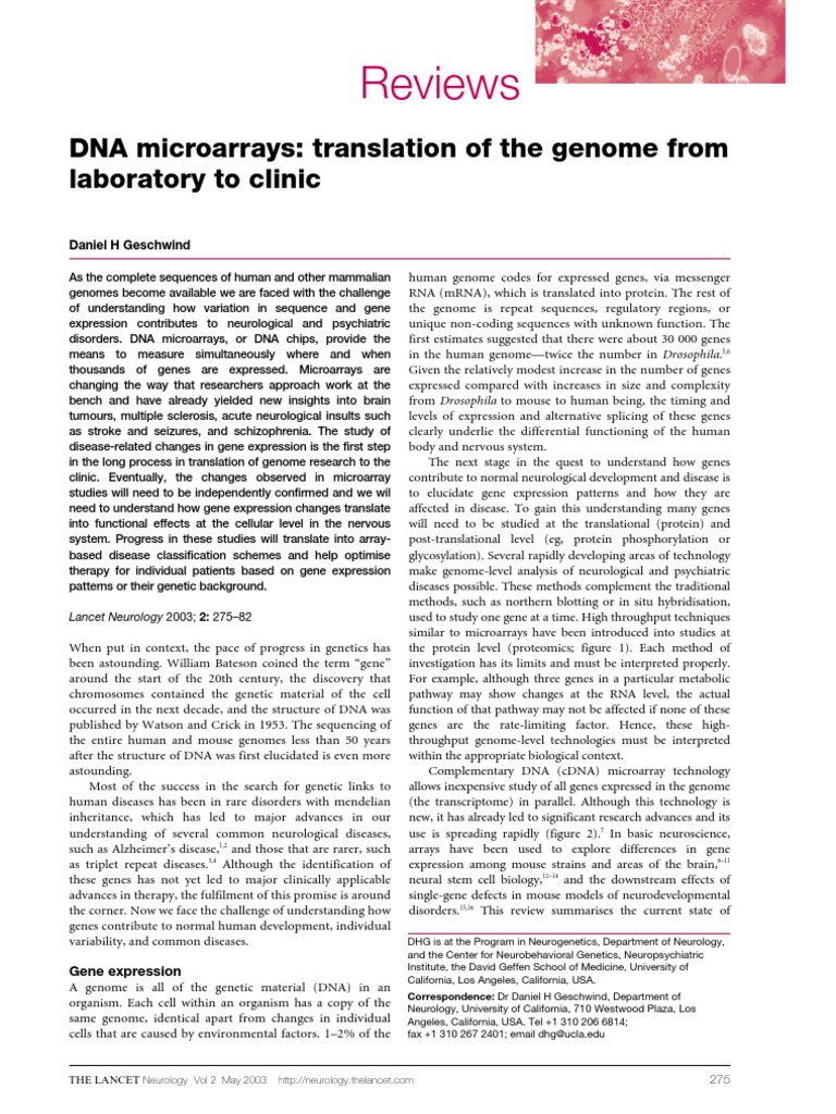 Reviews: DNA Microarrays: Translation of The Genome From Laboratory To ...