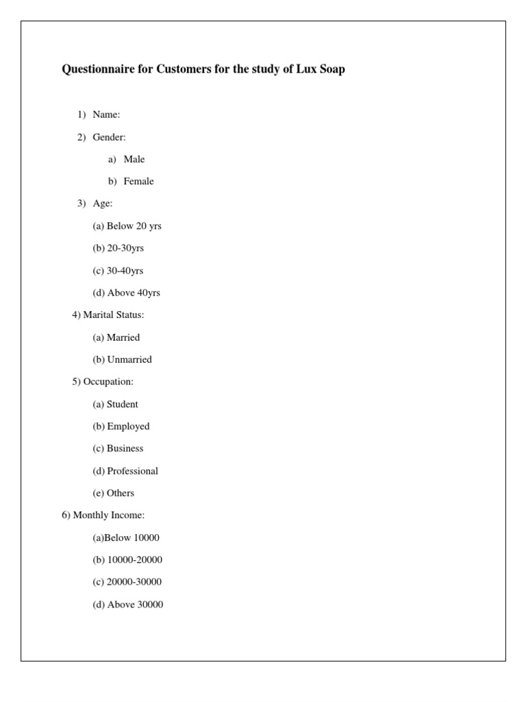 Lux Soap Customer Questionnaire | PDF
