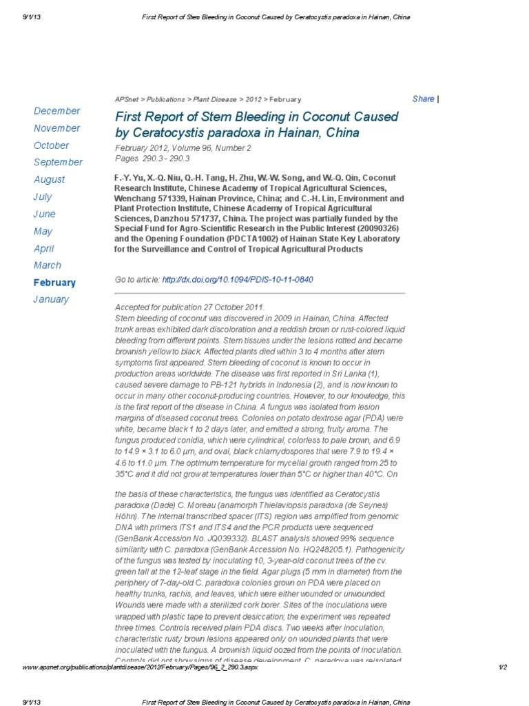 First Report of Stem Bleeding in Coconut Caused by Ceratocystis ...