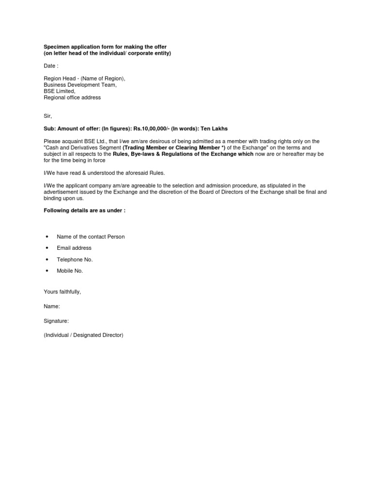 Specimen Application Form For Making The Offer | PDF