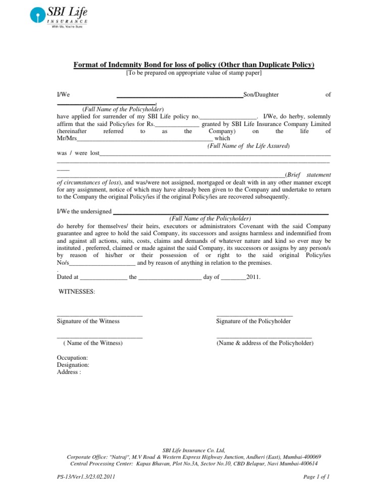 Indemnity Bond Format For Surrender | PDF