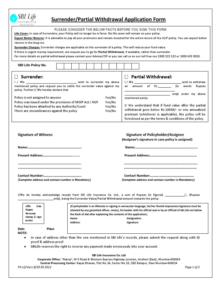 Partial Withdrawal Cum Surrender Application Form Ver00 001 | Cheque | Payments