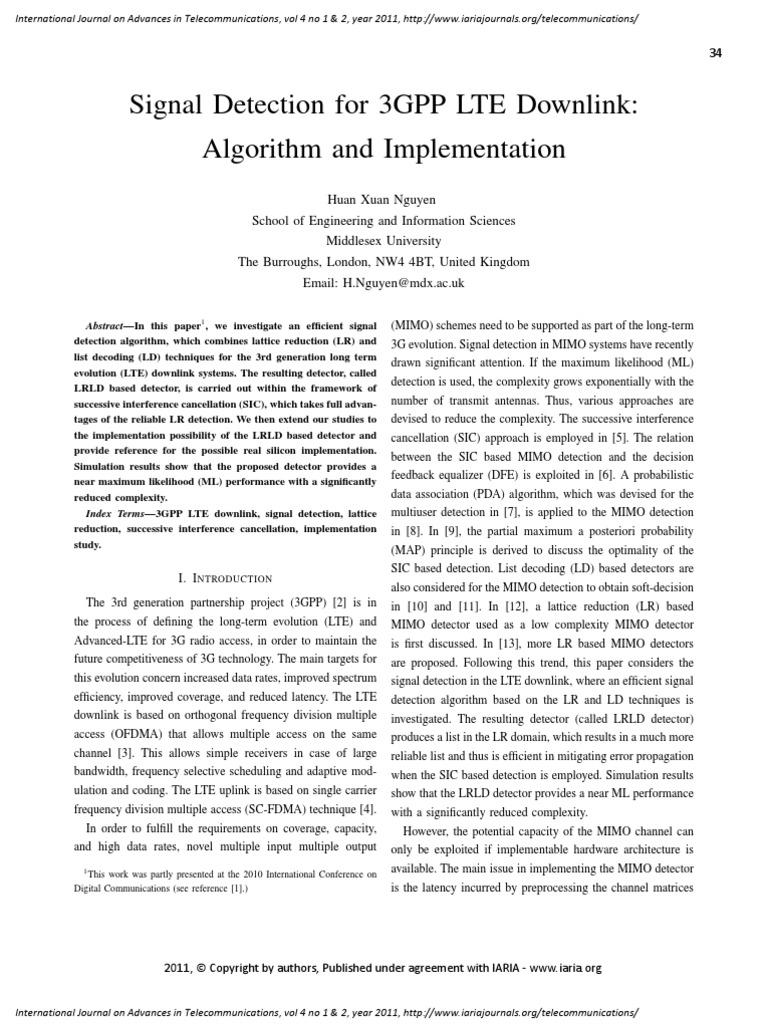 Signal Detection For 3GPP LTE Downlink: Algorithm and Implementation | Download Free PDF | Mimo ...