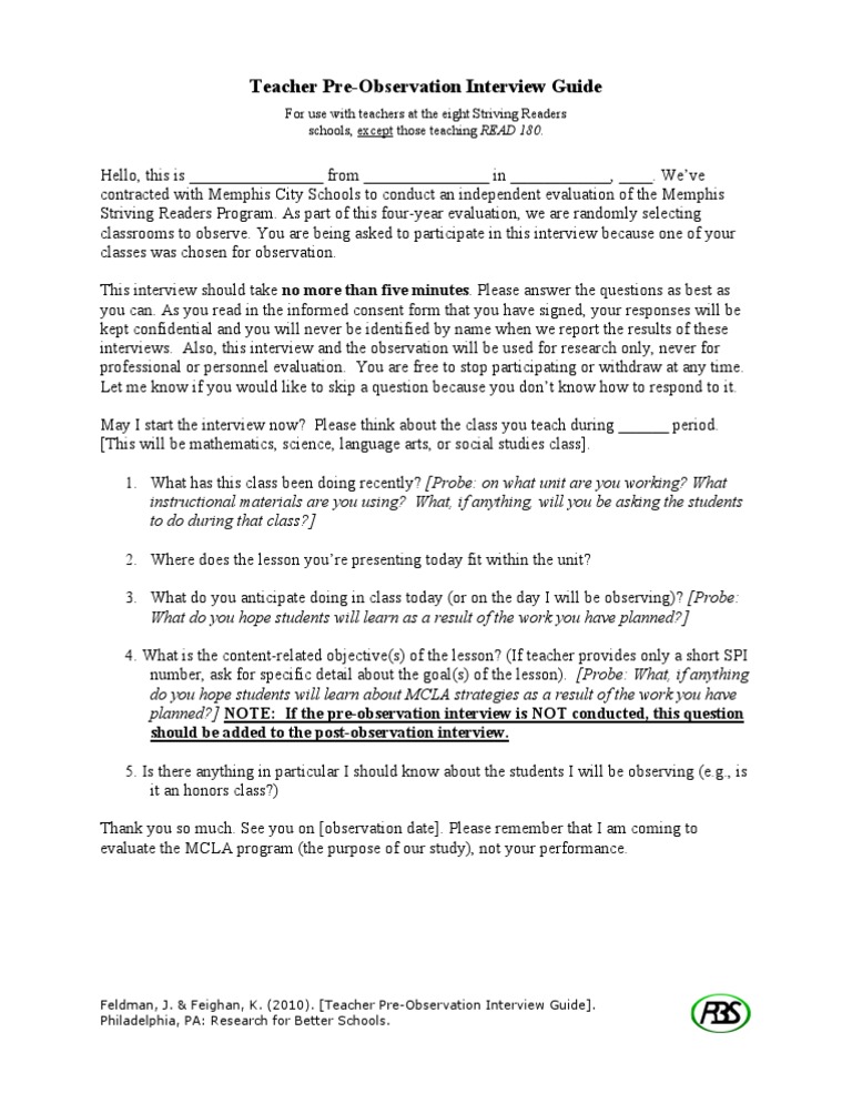 Teacher Pre-Observation Interview Guide | PDF | Interview | Teachers