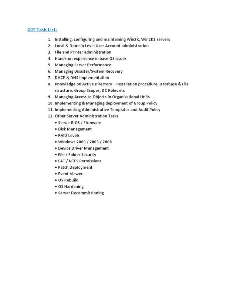 OJT Task List - Windows Proficient Academy | PDF