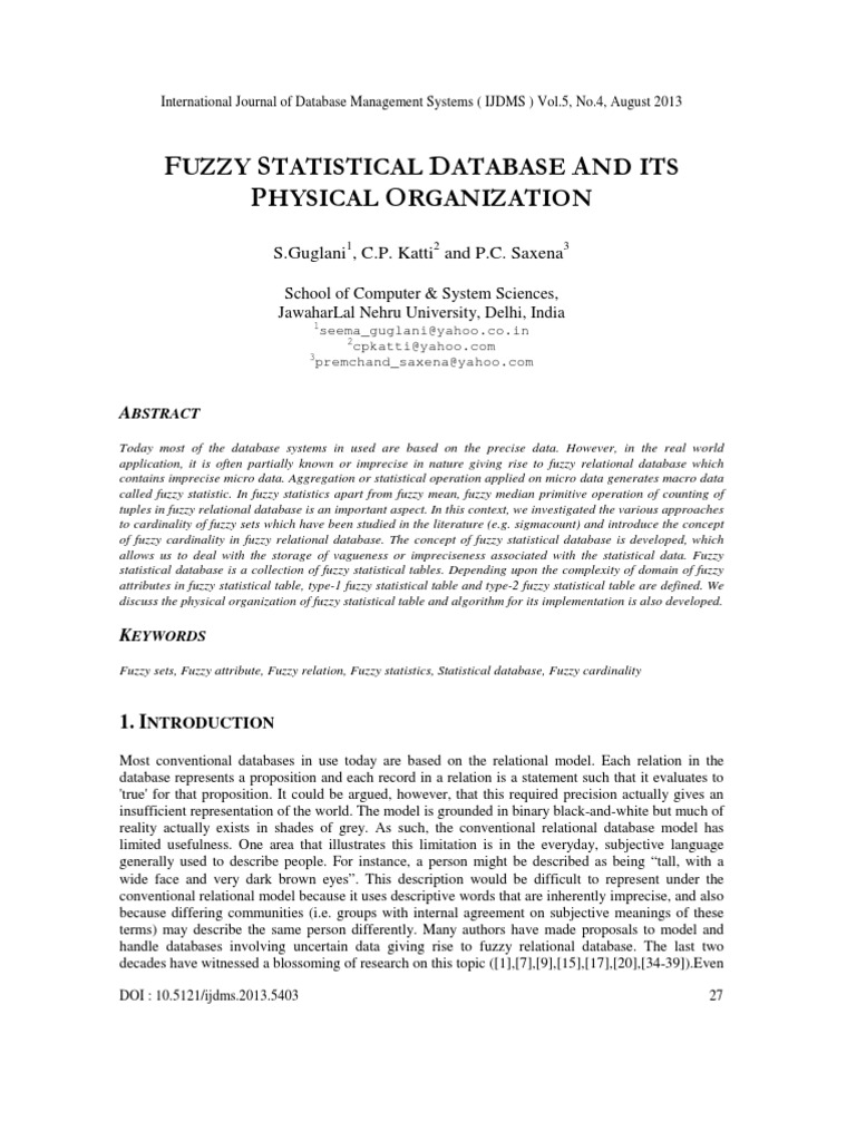 Fuzzy Statistical Database and Its Physical Organization | PDF | Fuzzy Logic | Relational Model