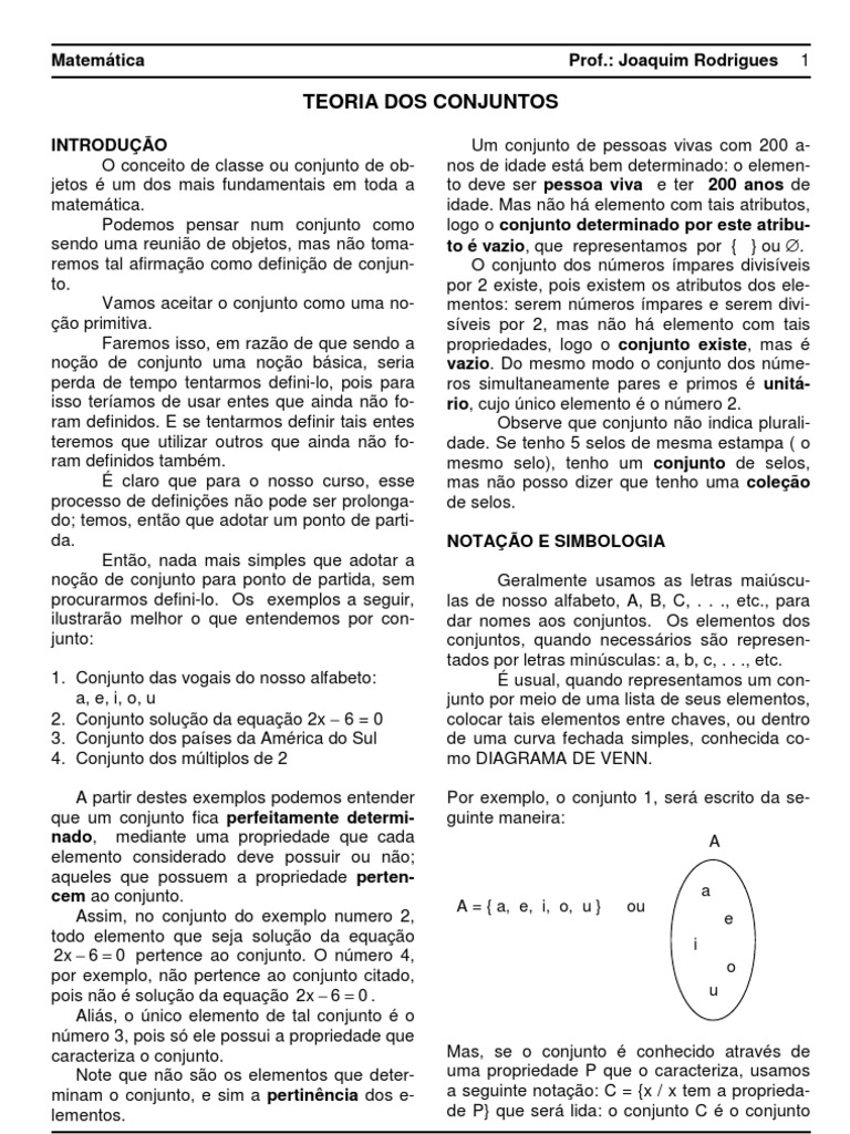 01 Teoria Dos Conjuntos1 | PDF | Conjunto vazio (Matemática) | Conjunto ...
