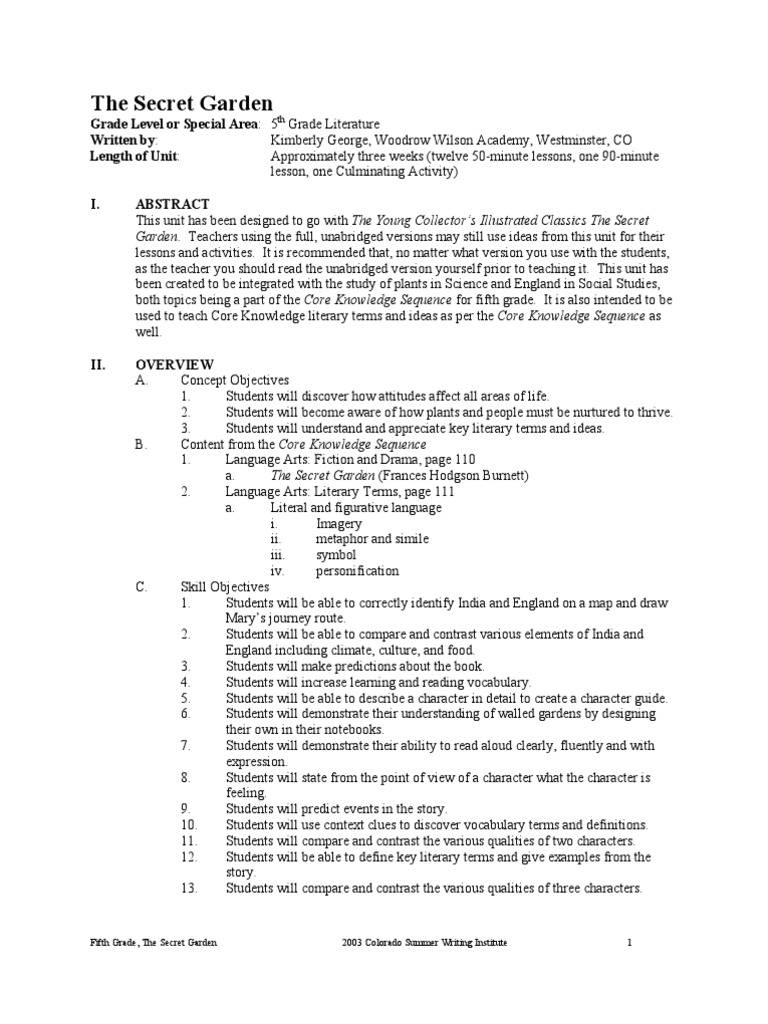 The Secret Garden: Grade Level or Special Area: 5 Written By: Length of ...
