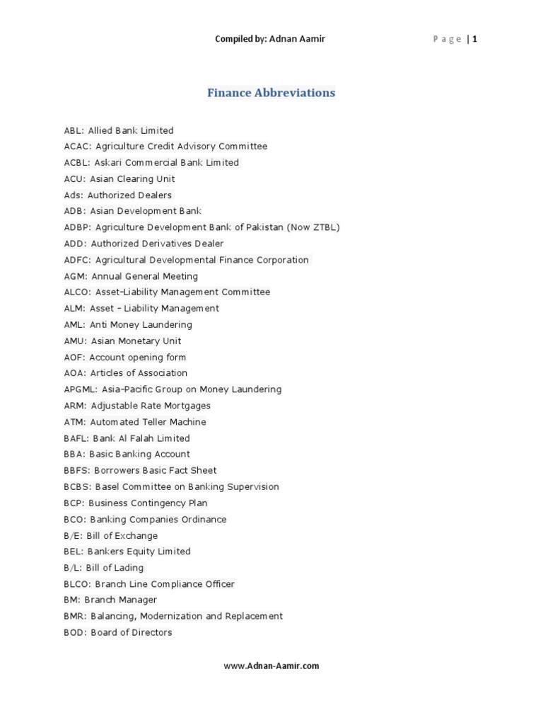 Finance Abbreviations For Finance Tests | PDF | Banks | Foreign ...