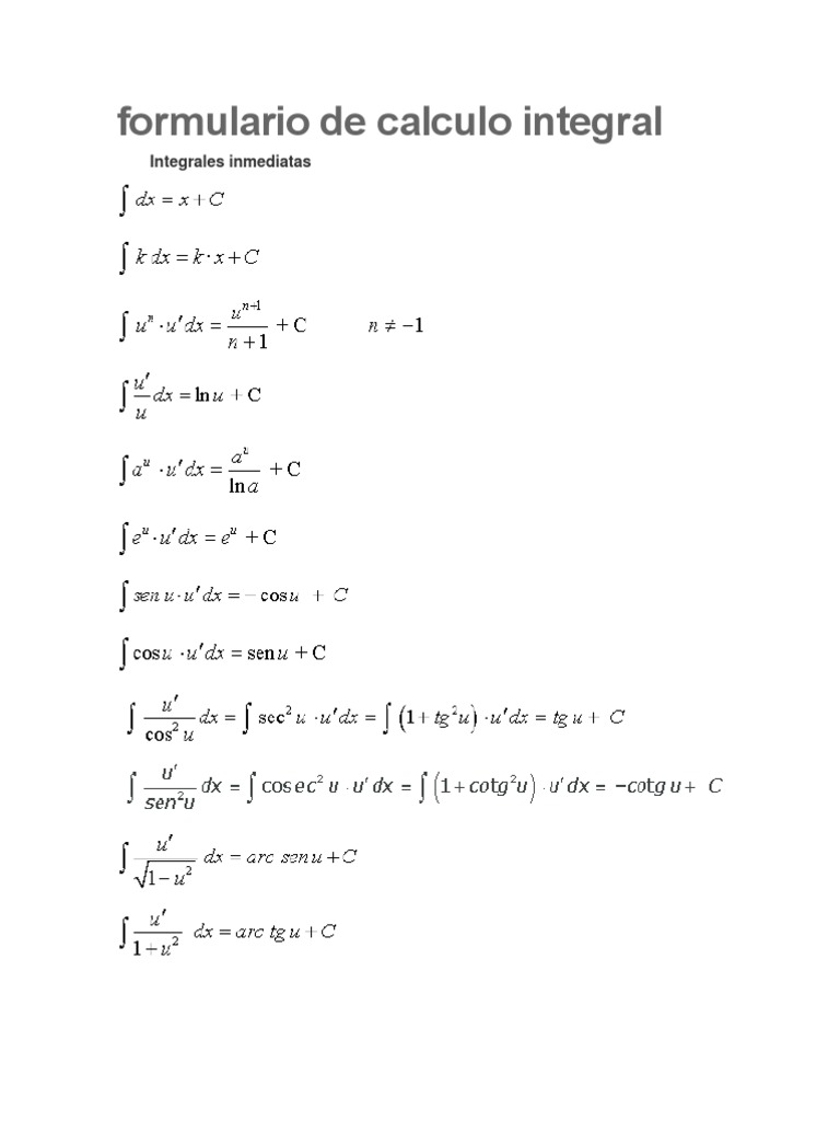 Formulario de Calculo Integral | Integral | Fracción (Matemáticas ...