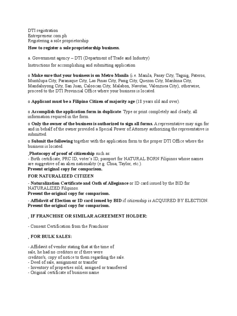 DTI Registration | Identity Document | Franchising