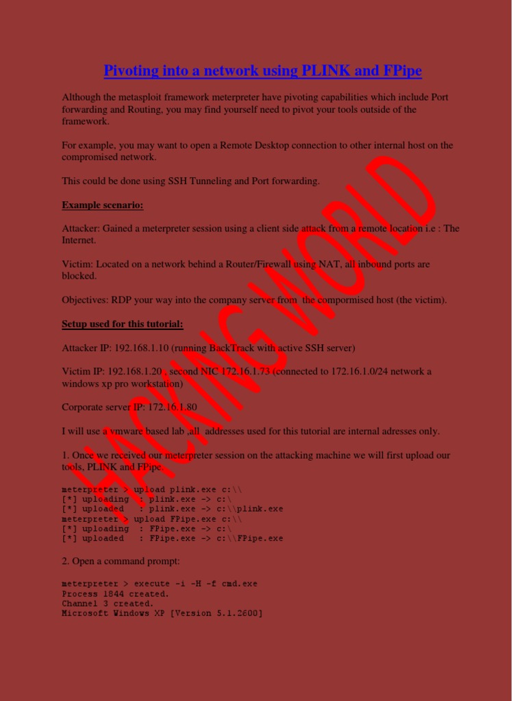 Pivoting Into A Network Using PLINK and FPipe | PDF | Port (Computer Networking) | Secure Shell