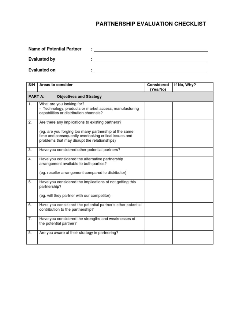 Partner Evaluation CheckList v1 | Partnership | Competition