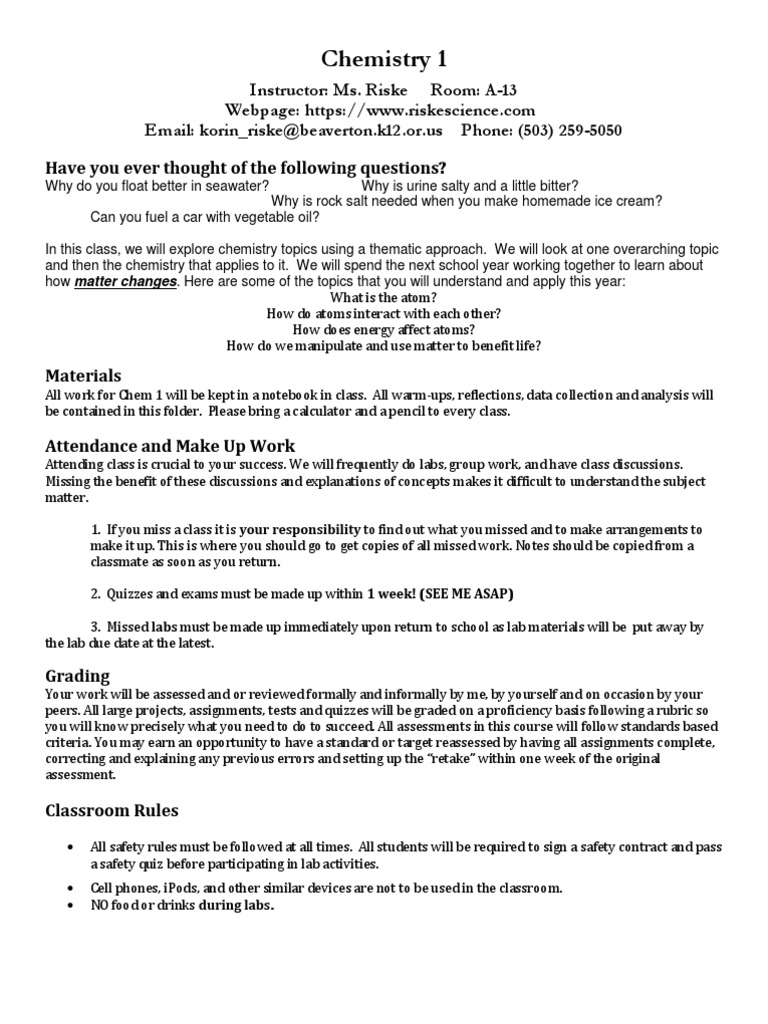 Chem1 Syllabus | PDF | Syllabus | Educational Assessment