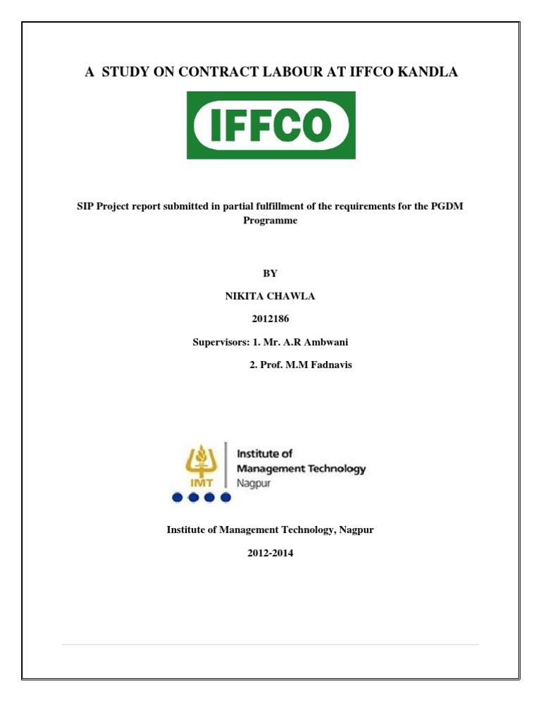 A Study On Contract Labour at Iffco Kandla | PDF | Independent Contractor | Employment