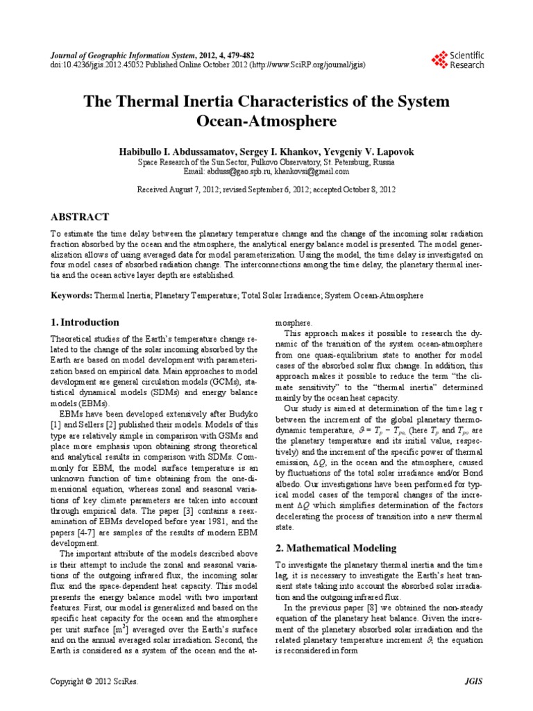 The Thermal Inertia Characteristics of The System Ocean-Atmosphere ...