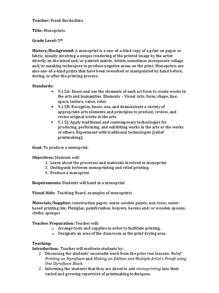 Monoprint Lesson Plan | PDF | Printmaking | Behavior Modification