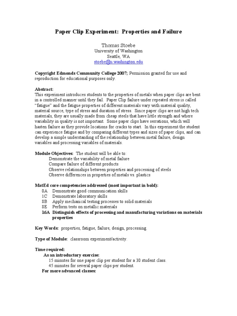 Paper Clip Experiment | PDF | Experiment | Fatigue (Material)