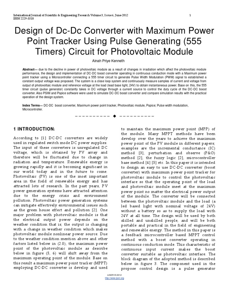 Design of DC-DC Converter With Maximum Power Point Tracker Using Pulse Generating (555 Timers ...