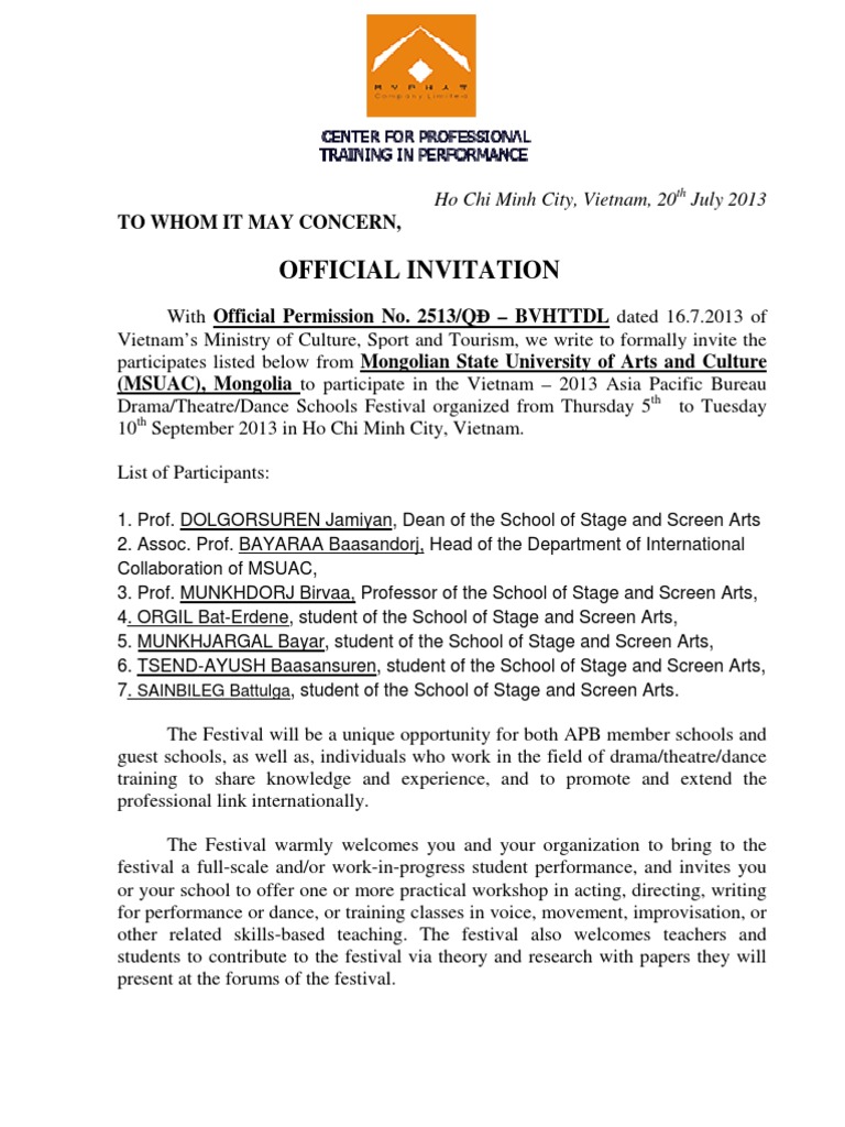 Vietnam APB Drama Festival Invitation | PDF