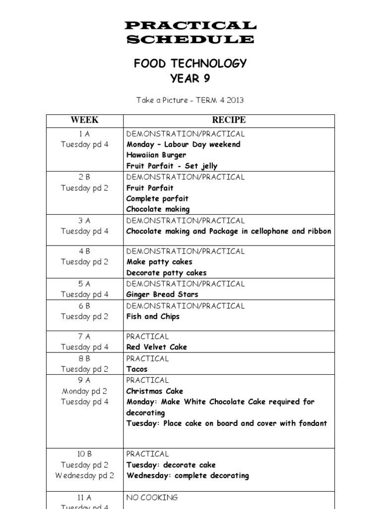 Year 9 Food Technology Schedule | PDF