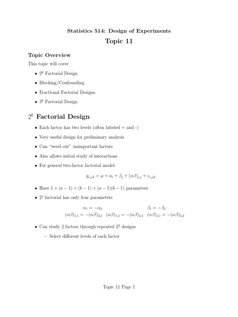 Topic 11: Statistics 514: Design of Experiments | PDF | Confounding | Errors And Residuals