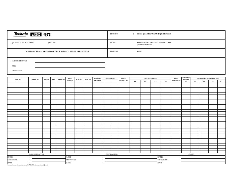 QCF309 Welding Summary Report | Welding | Construction