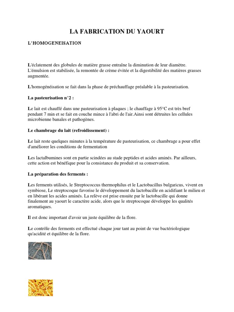 La Fabrication Du Yaourt | PDF | Yaourt | Lactobacille