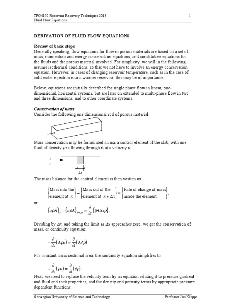 Derivation of Fluid Flow Equations Review of Basic Steps | PDF ...