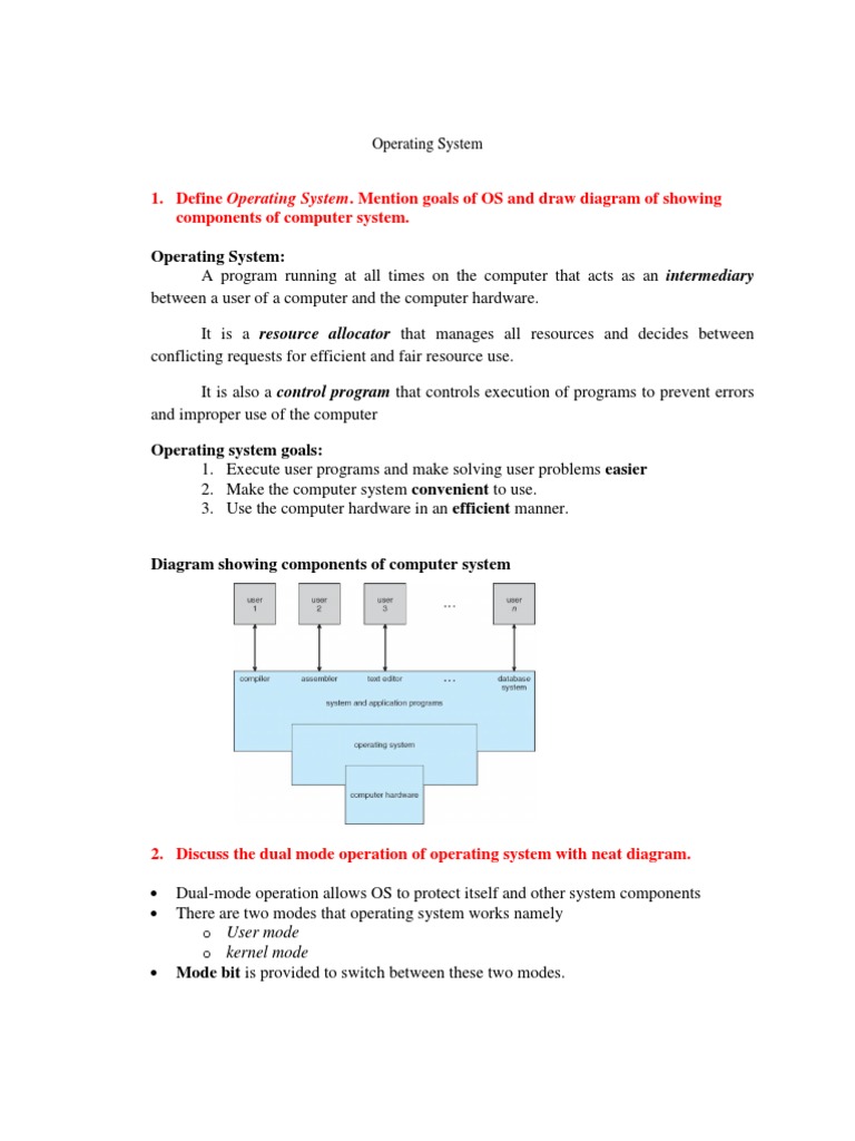 1. Define Operating System. Mention goals of OS and draw diagram of ...