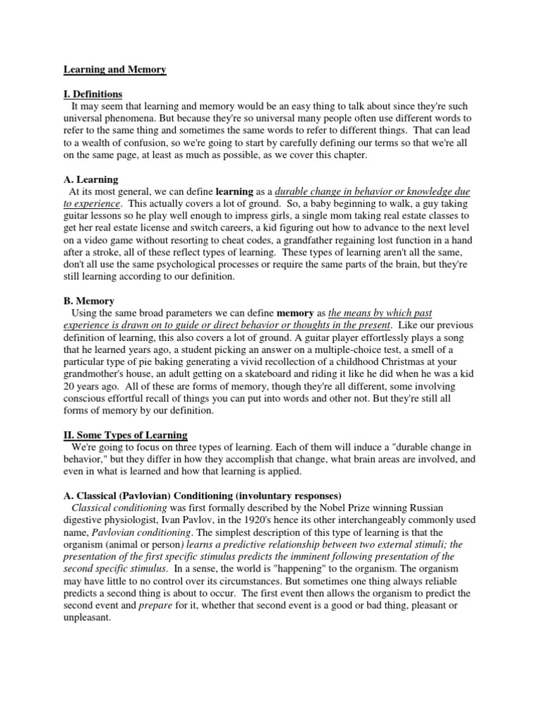 Learning and Memory | PDF | Classical Conditioning | Reinforcement