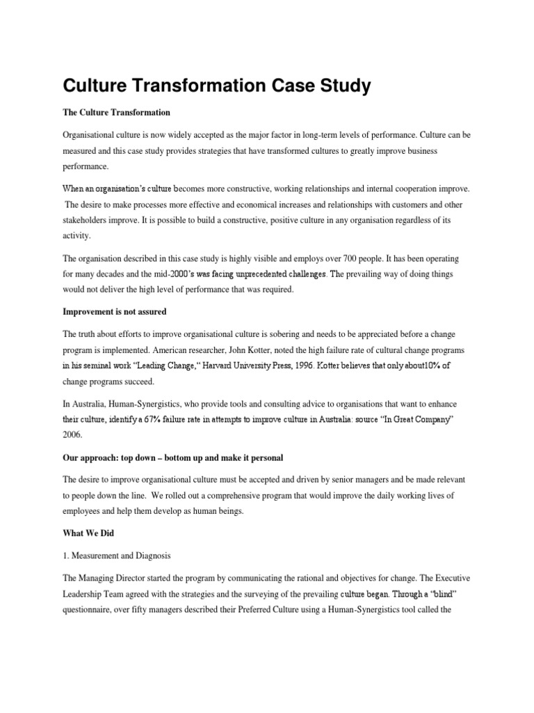 Culture Transformation Case Study | PDF | Organizational Culture ...