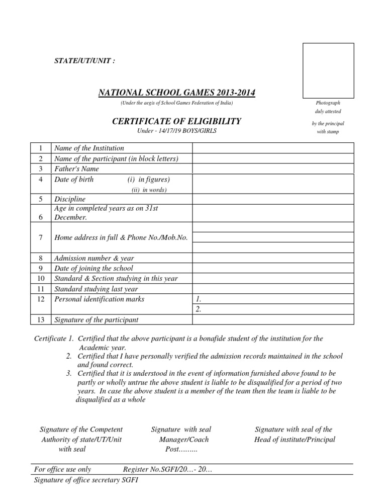 Specimen of Eligibility Certificate