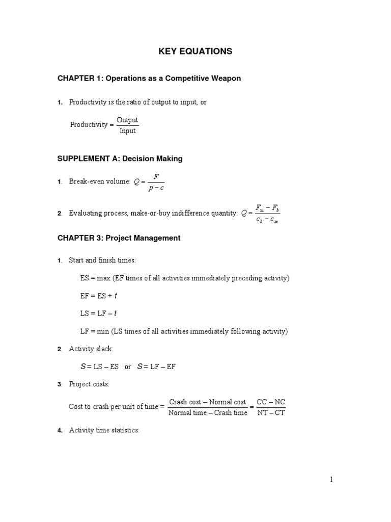 CHAPTER 1: Operations As A Competitive Weapon: Key Equations | PDF ...