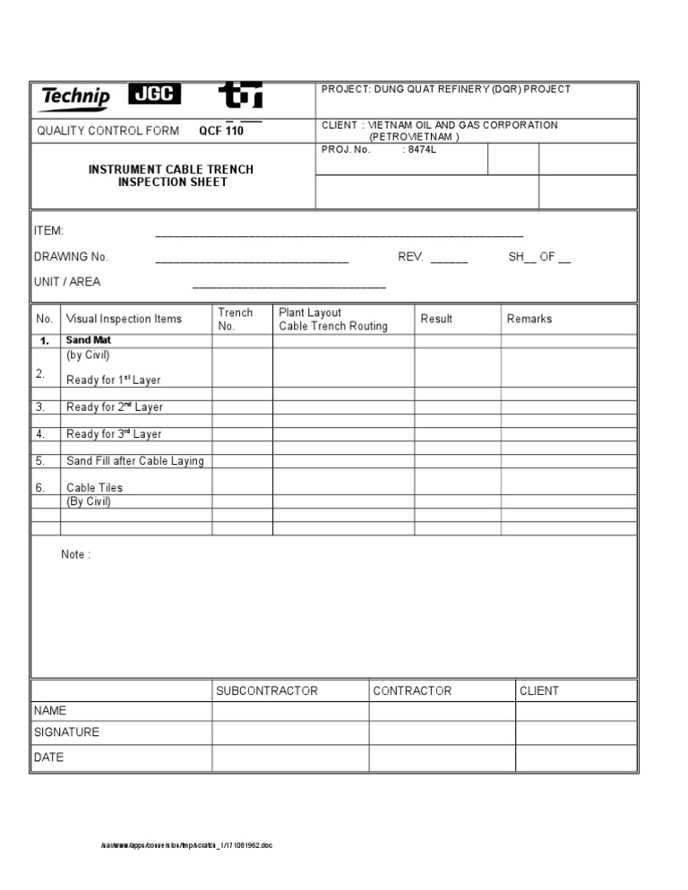 QCF110 Instrument Cable Trench Inspection Sheet | PDF | Computers ...
