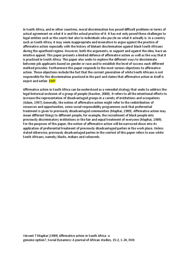Ethics Essay On Affirmative Action | PDF | Affirmative Action | South ...