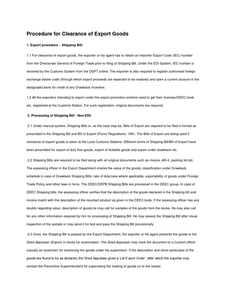 Procedure For Clearance of Export Goods | PDF | Containerization | Invoice